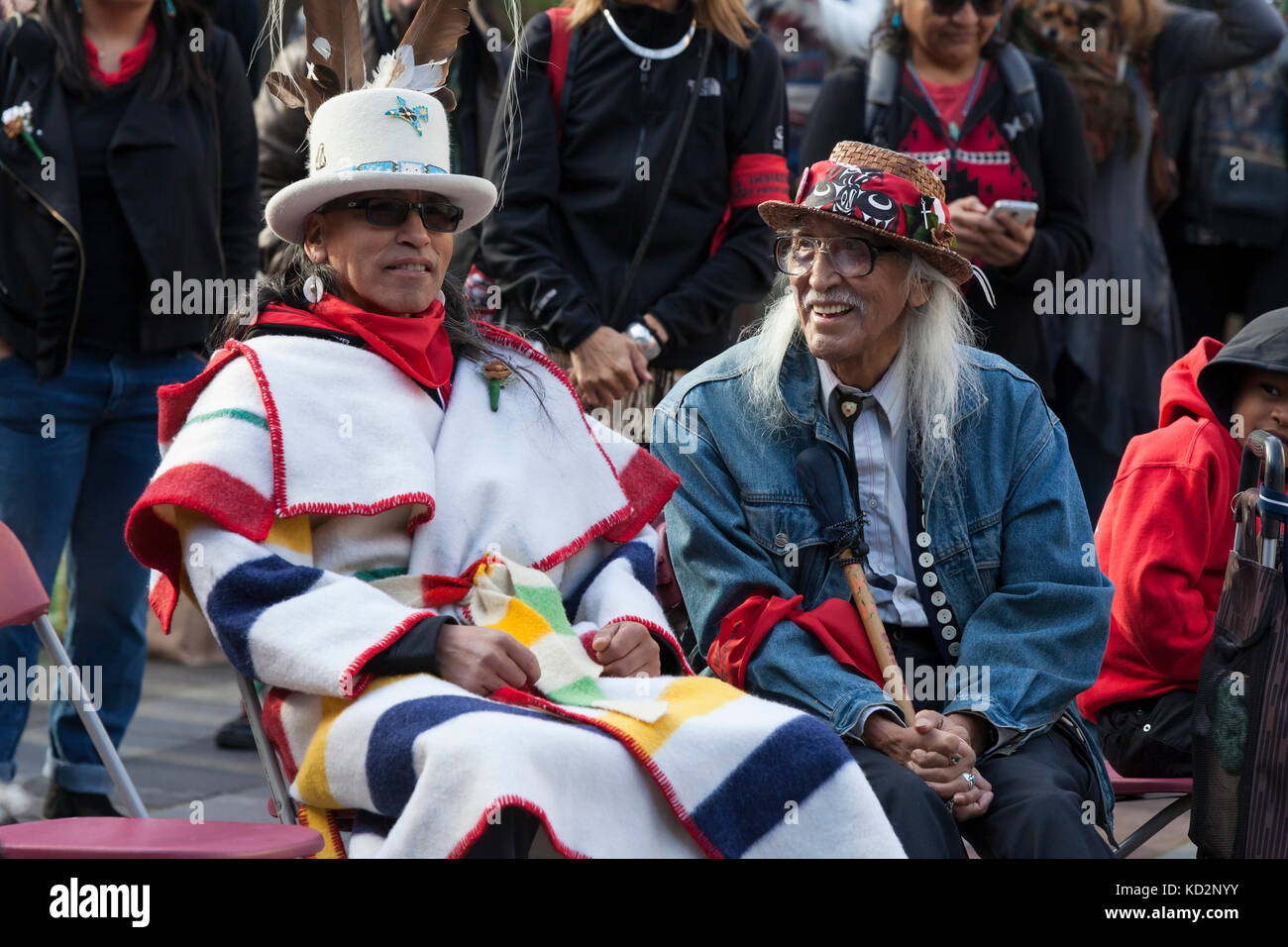 Seattle, United States. 09th Oct, 2017. Tribe members and supporters ...