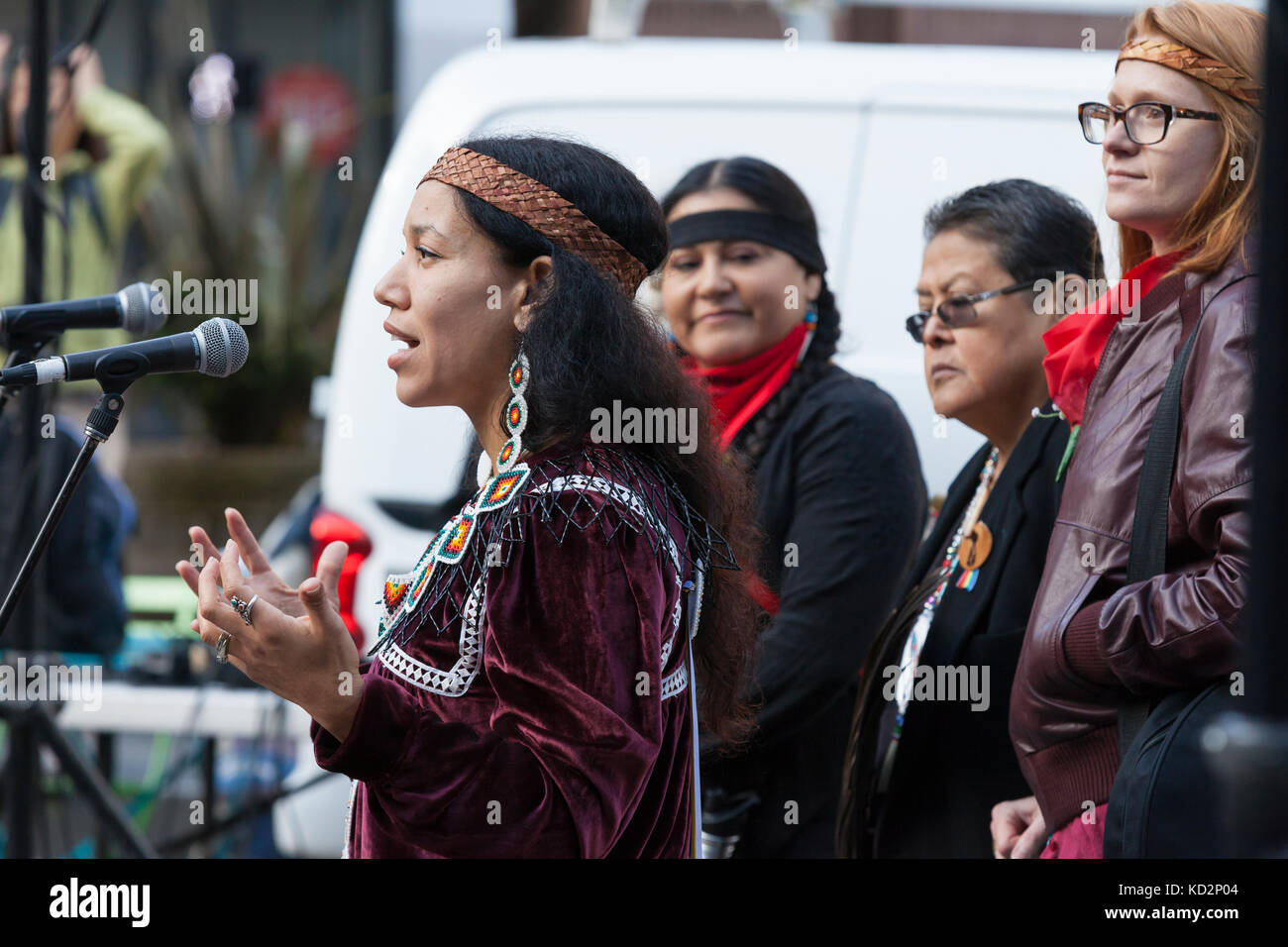 Seattle, United States. 09th Oct, 2017. Miriam Zmiewski speaks at the ...