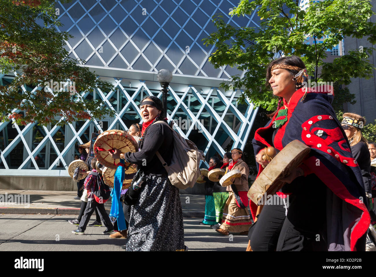 Seattle, United States. 09th Oct, 2017. Tribe members and supporters ...