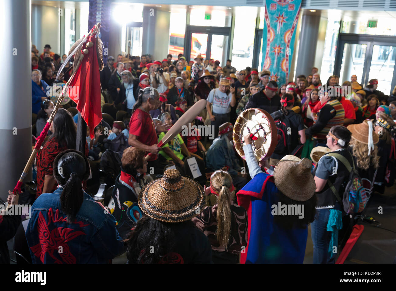 Seattle, United States. 09th Oct, 2017. Tribe members and supporters ...