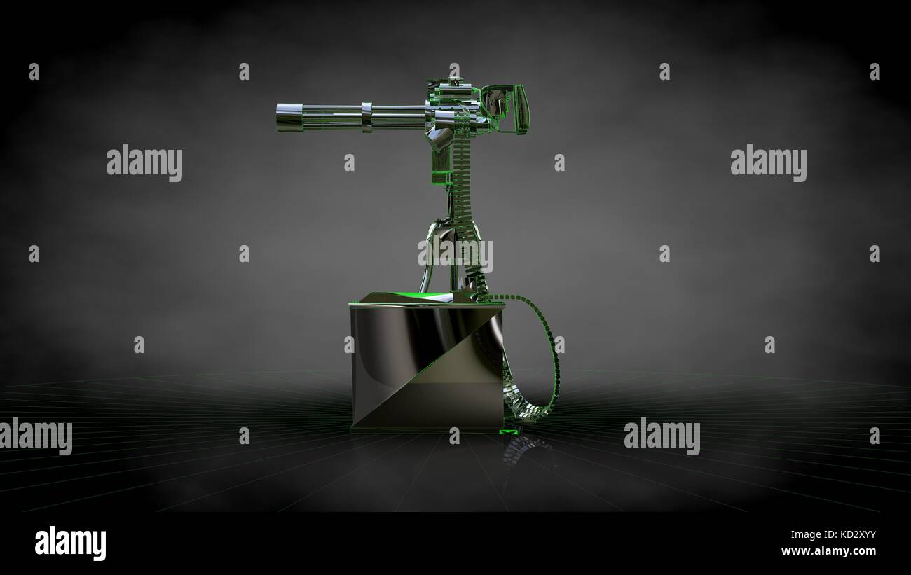 3d rendering of a reflective shoot gun with green outlined lines as ...