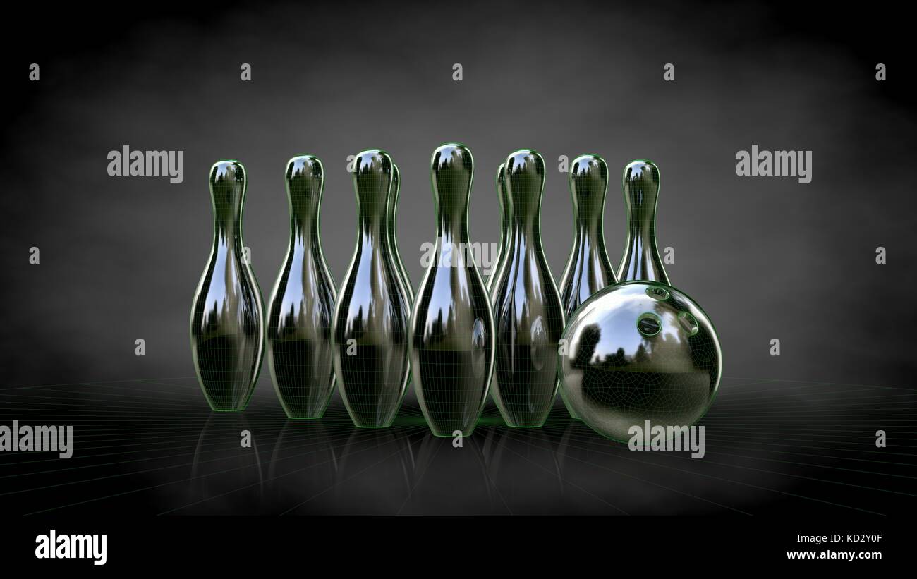 3d rendering of a reflective bowling set with green outlined lines as ...