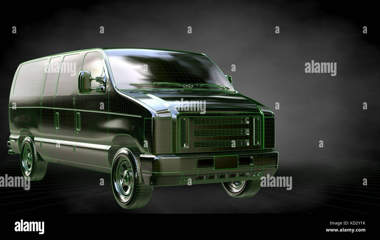 3d rendering of a reflective car with green outlined lines as blueprint ...
