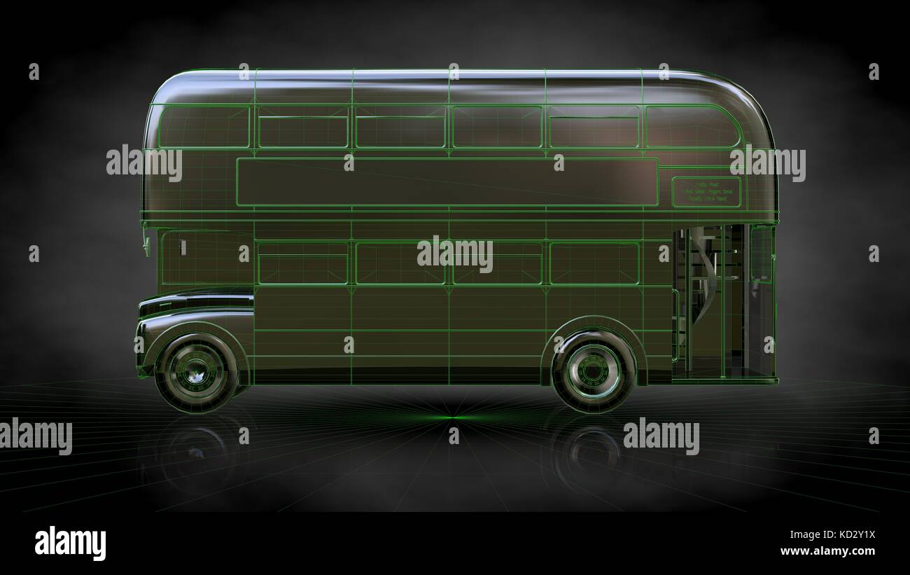 3d rendering of a reflective bus with green outlined lines as blueprint ...