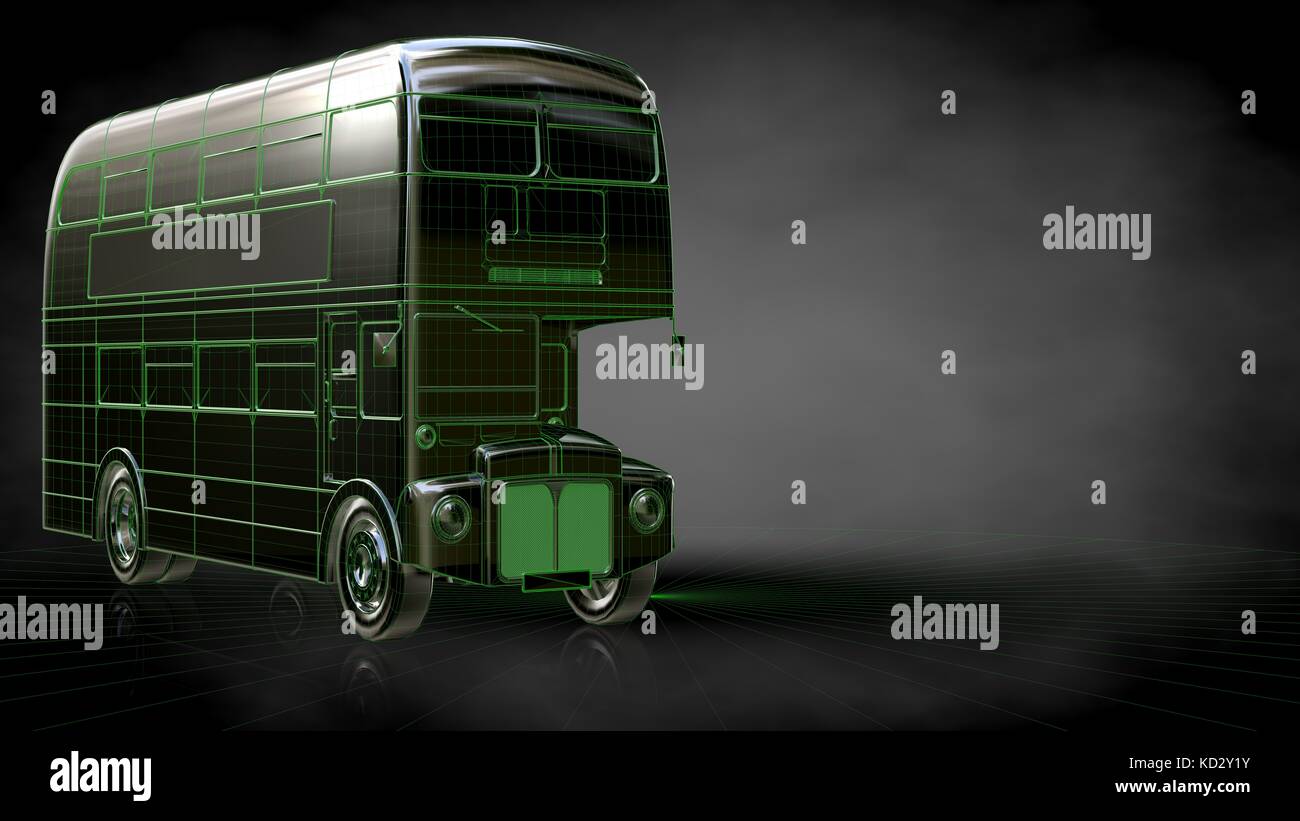 3d rendering of a reflective bus with green outlined lines as blueprint ...