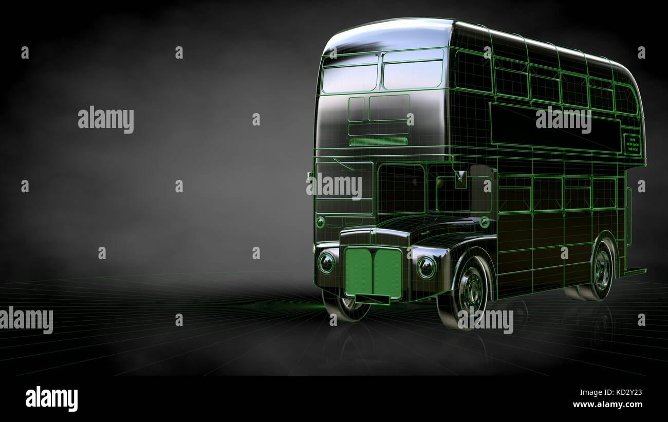 3d rendering of a reflective bus with green outlined lines as blueprint ...