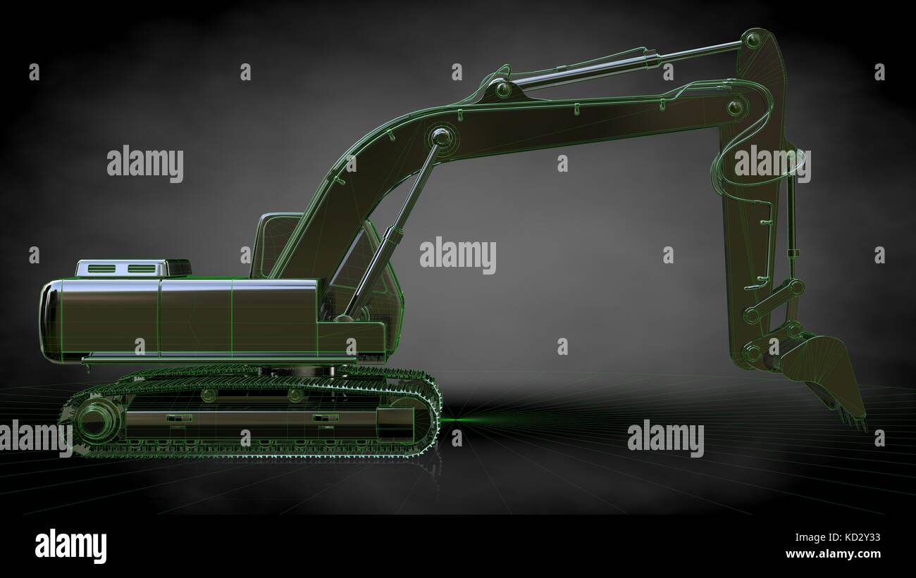 3d rendering of a reflective digger with green outlined lines as ...