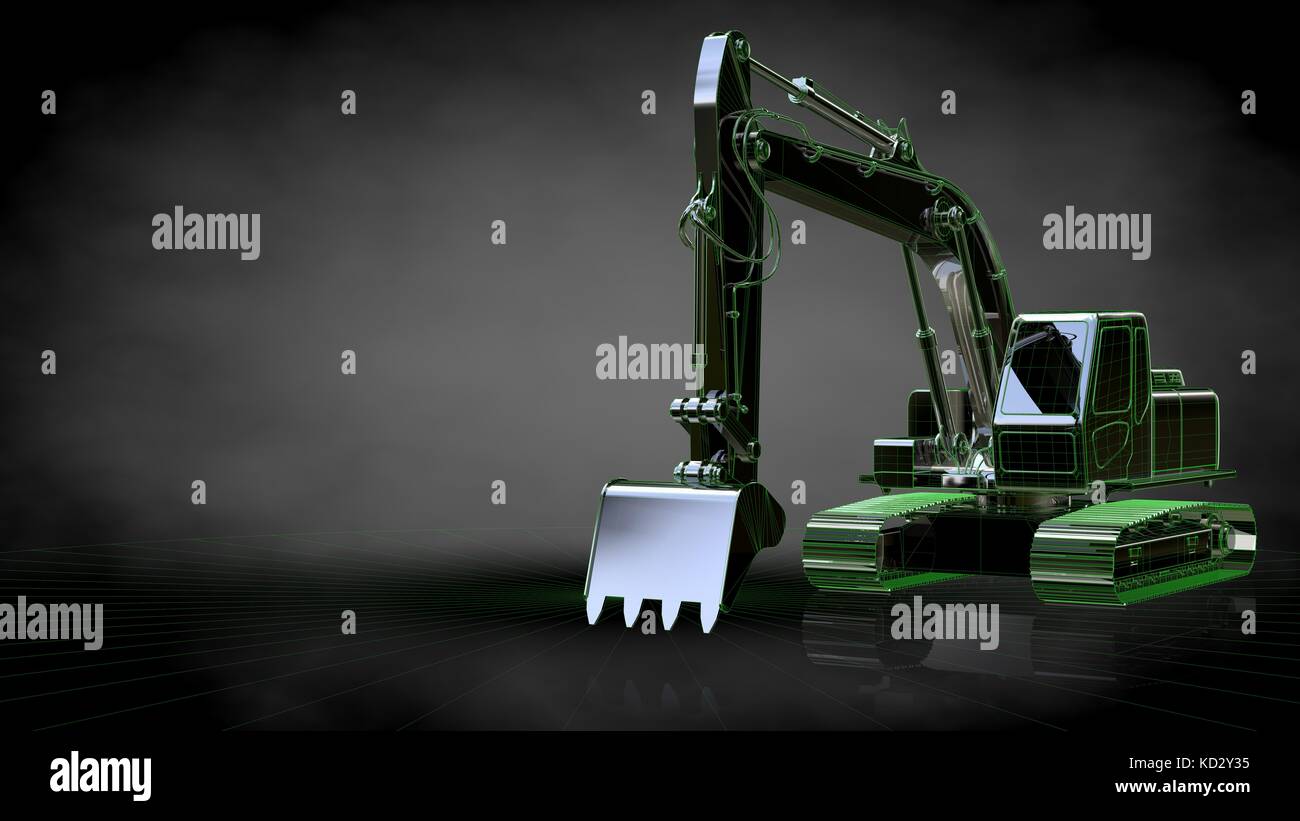 3d rendering of a reflective digger with green outlined lines as ...