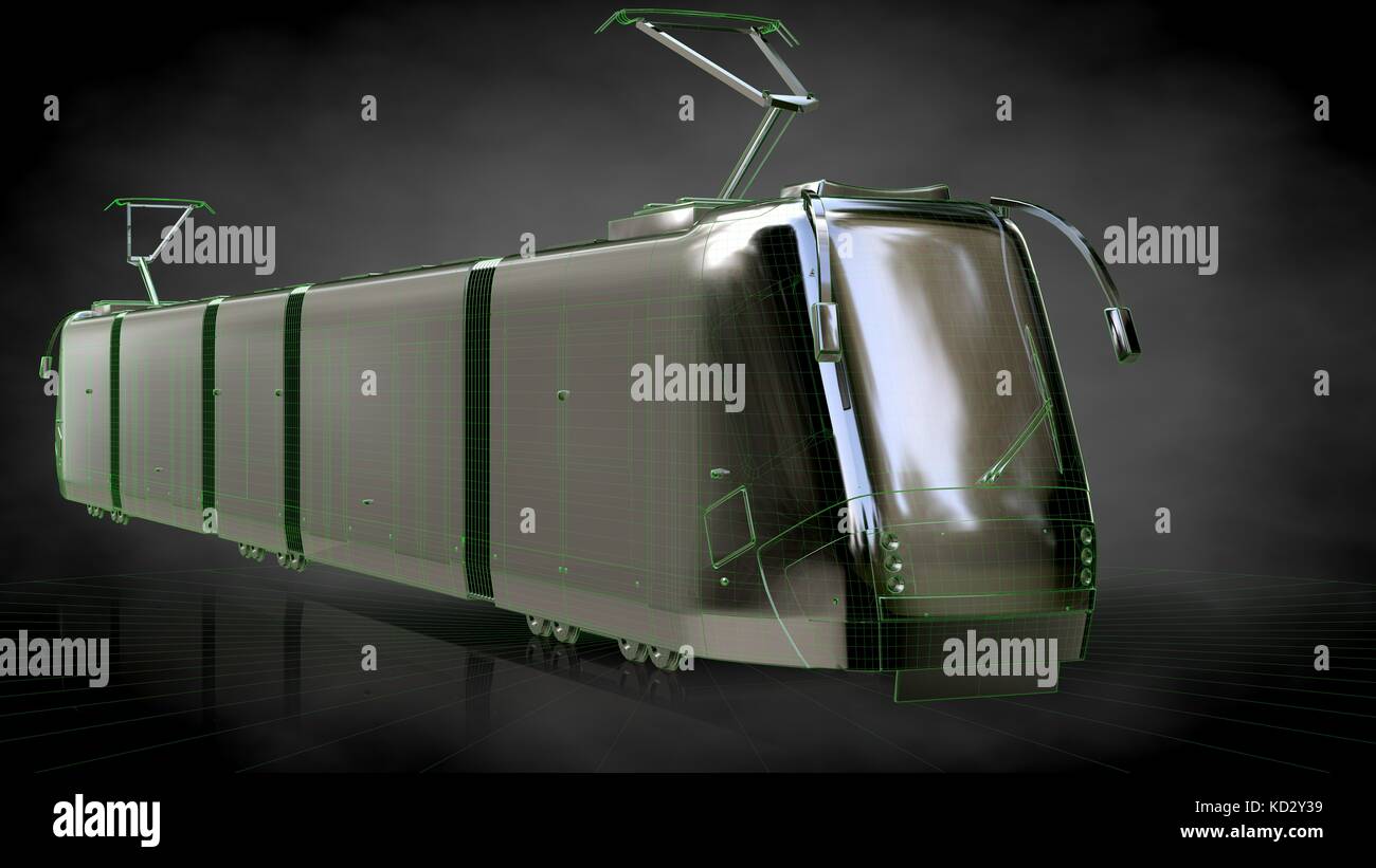 3d rendering of a reflective train with green outlined lines as ...
