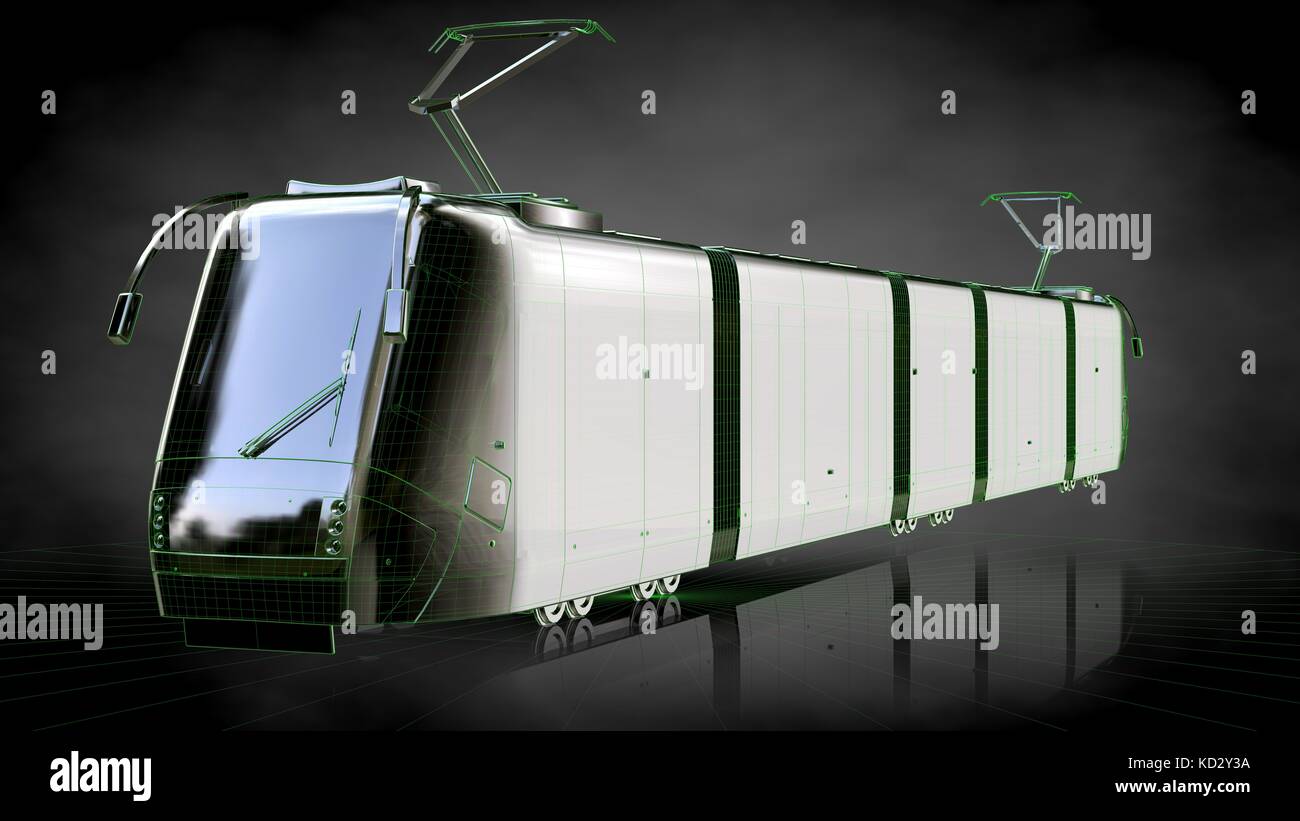 3d rendering of a reflective train with green outlined lines as ...