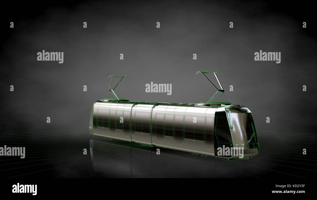 3d rendering of a reflective train with green outlined lines as ...