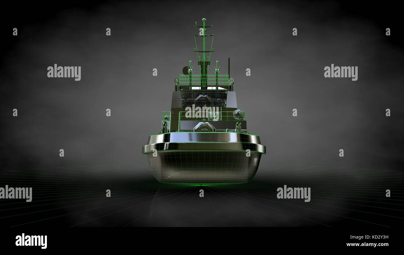 3d rendering of a reflective ship with green outlined lines as ...