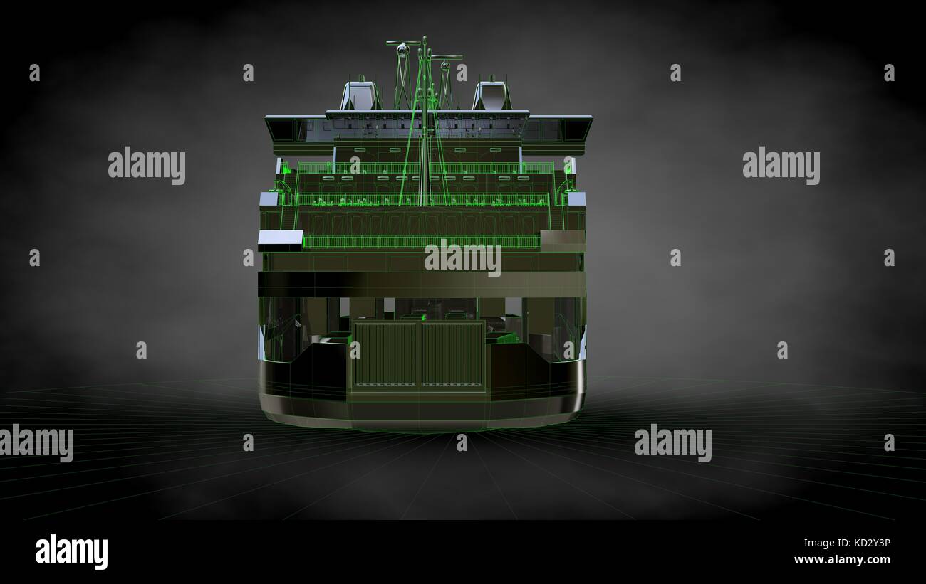 3d rendering of a reflective ship with green outlined lines as ...