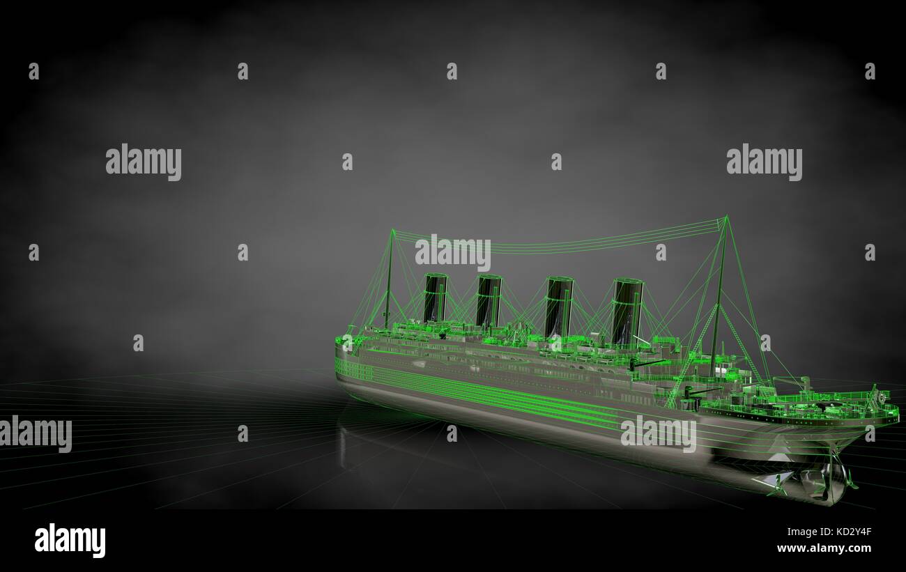 3d rendering of a reflective huge cargo ship with green outlined lines ...
