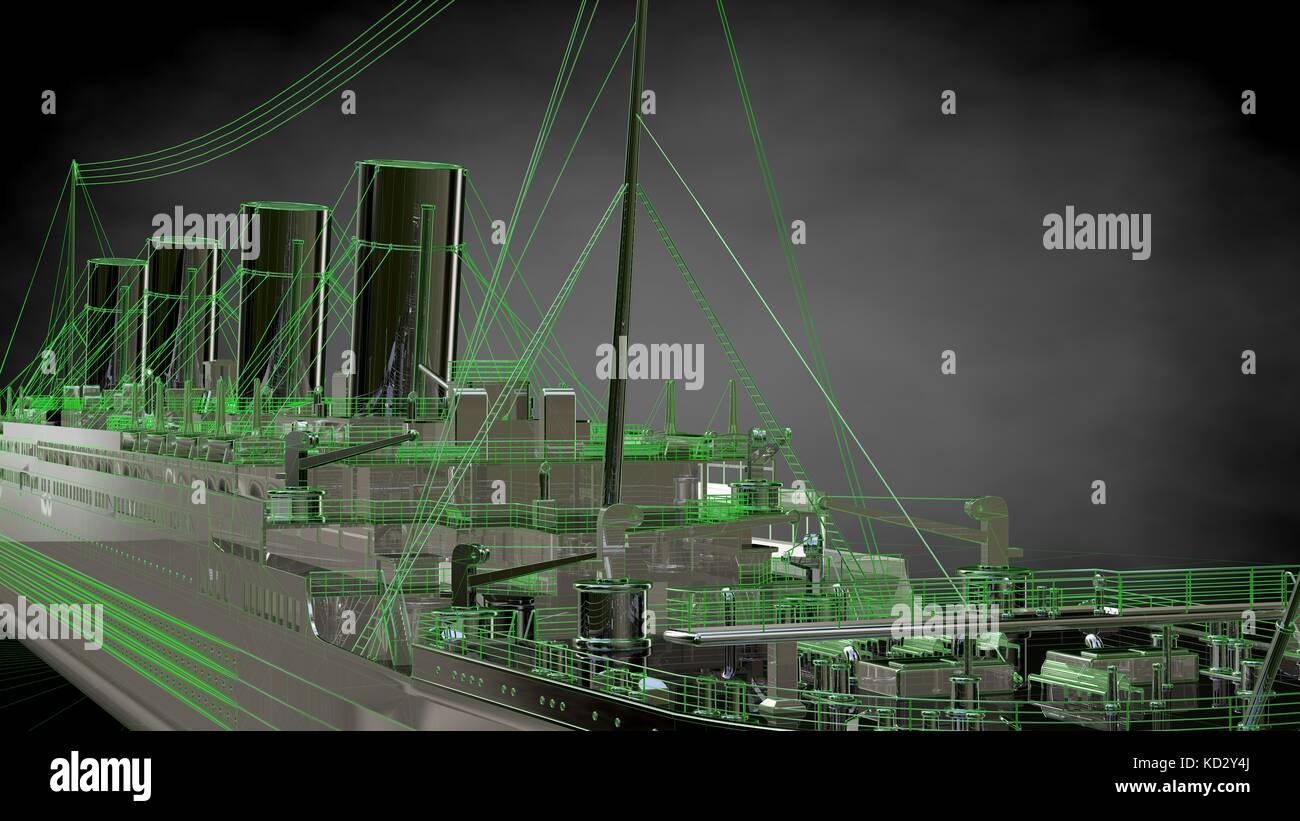 3d rendering of a reflective huge cargo ship with green outlined lines ...