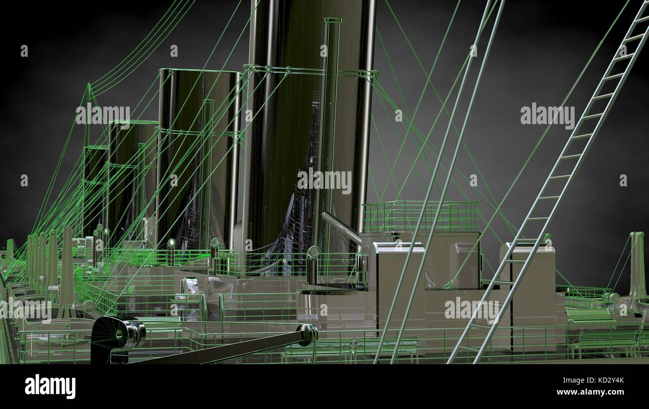 3d rendering of a reflective huge cargo ship with green outlined lines ...