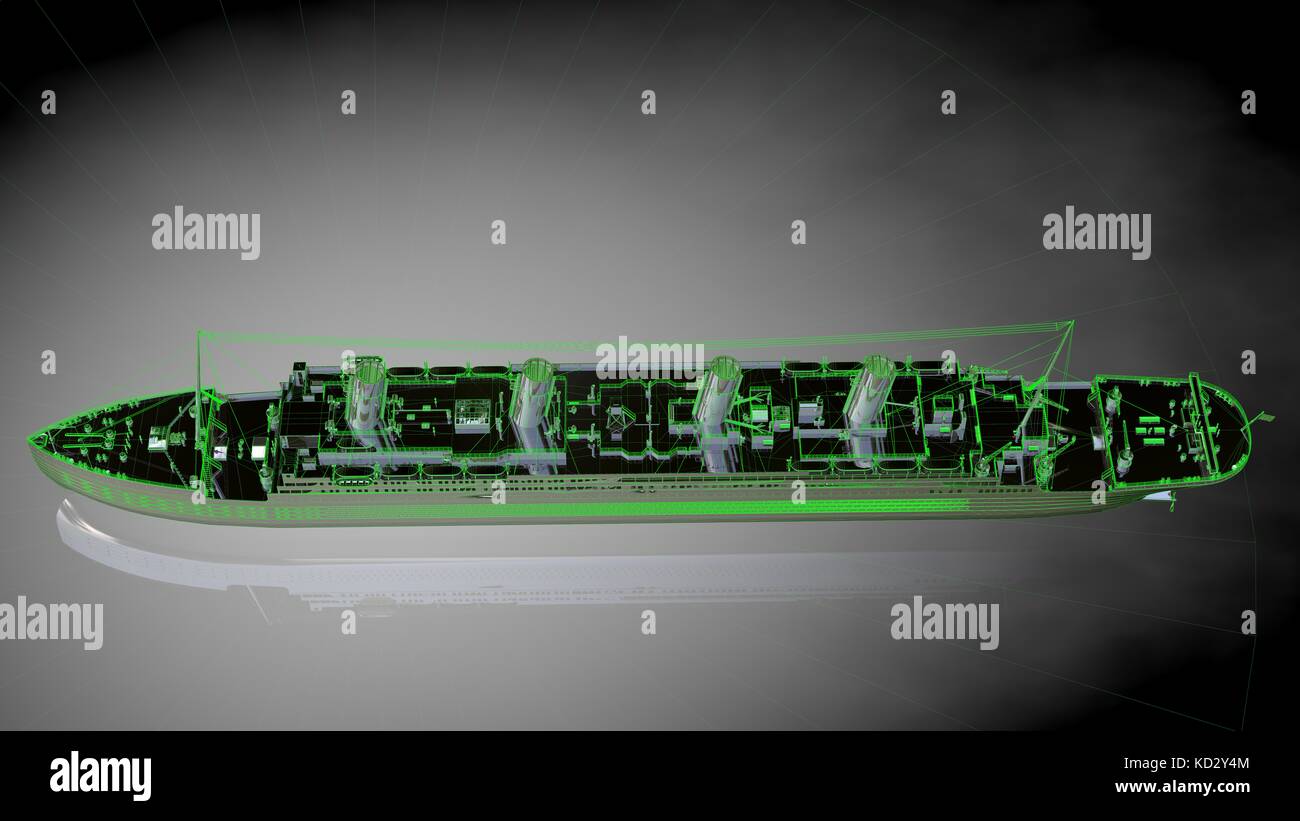 3d rendering of a reflective huge cargo ship with green outlined lines ...