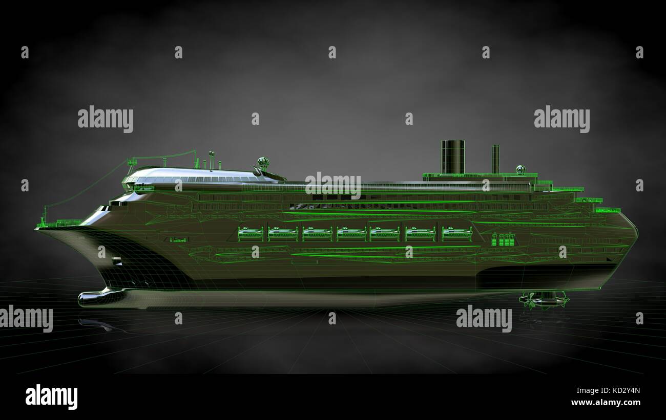 3d rendering of a reflective huge cargo ship with green outlined lines ...