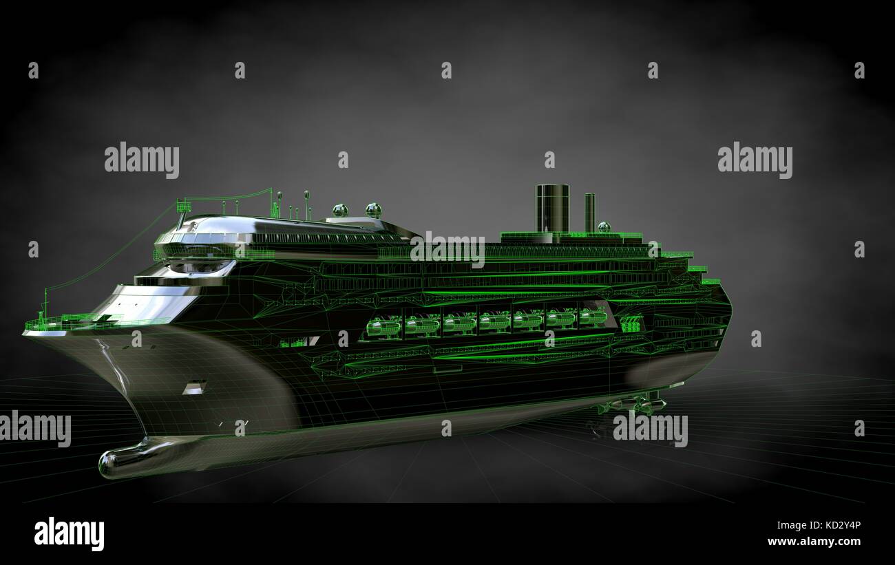 3d rendering of a reflective huge cargo ship with green outlined lines ...