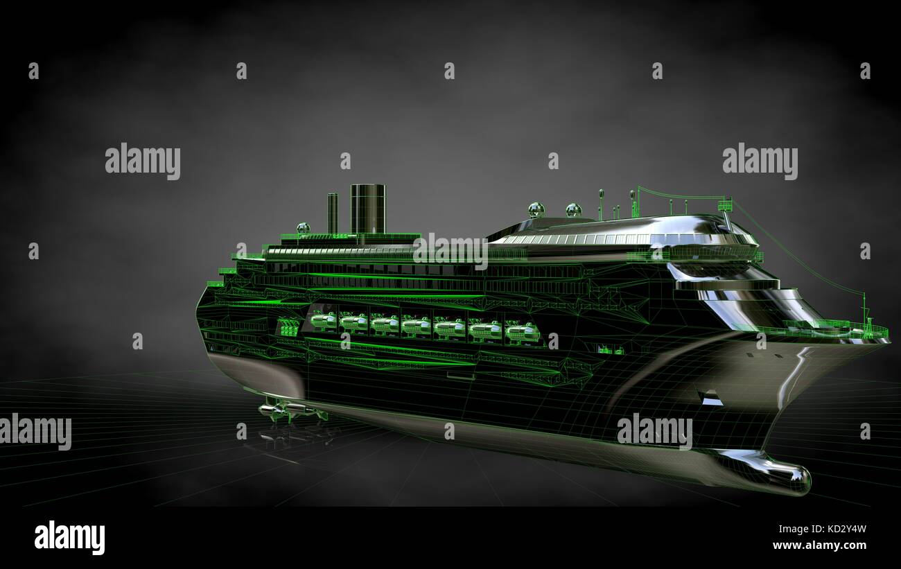 3d rendering of a reflective huge cargo ship with green outlined lines ...