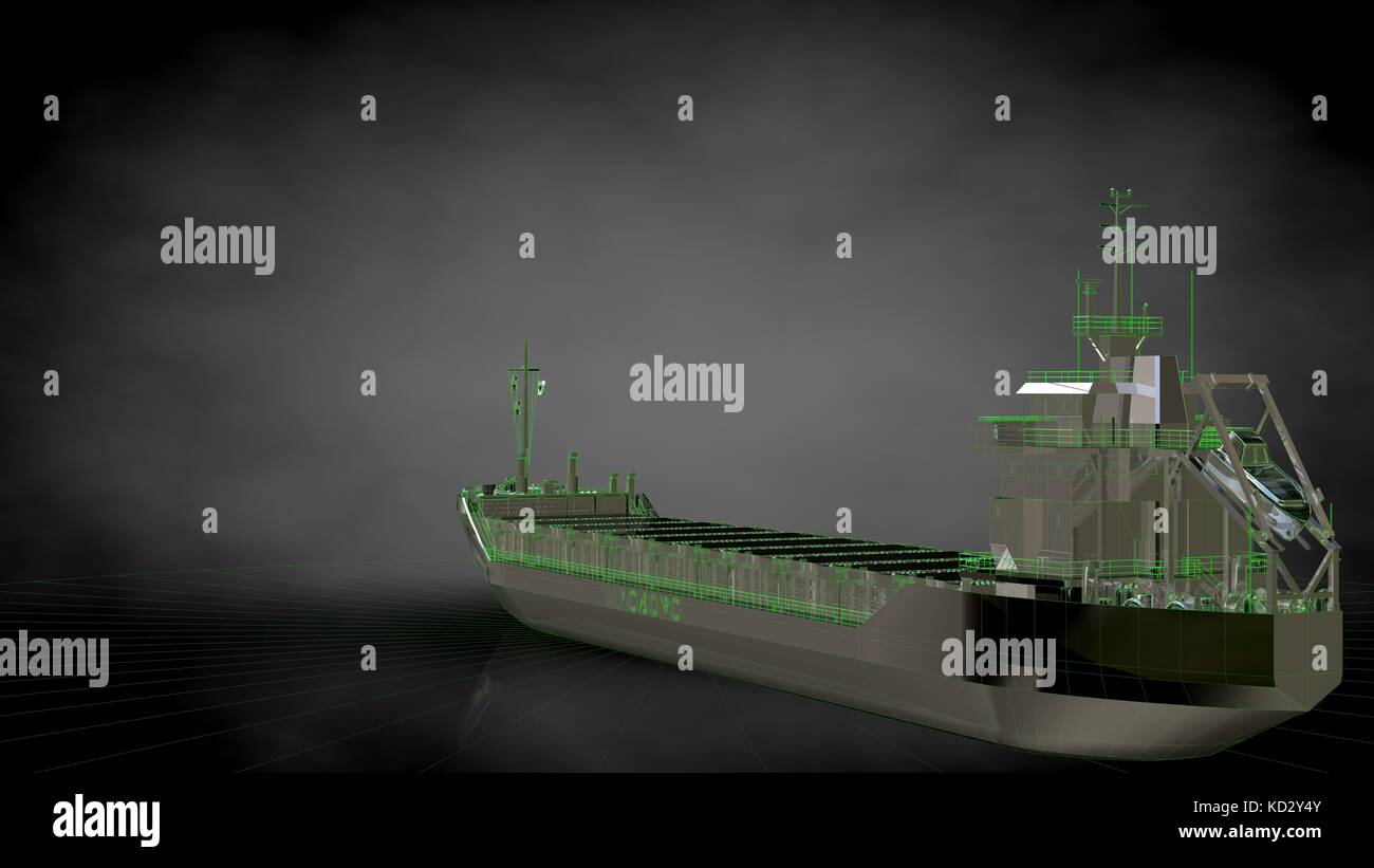 3d rendering of a reflective huge cargo ship with green outlined lines ...