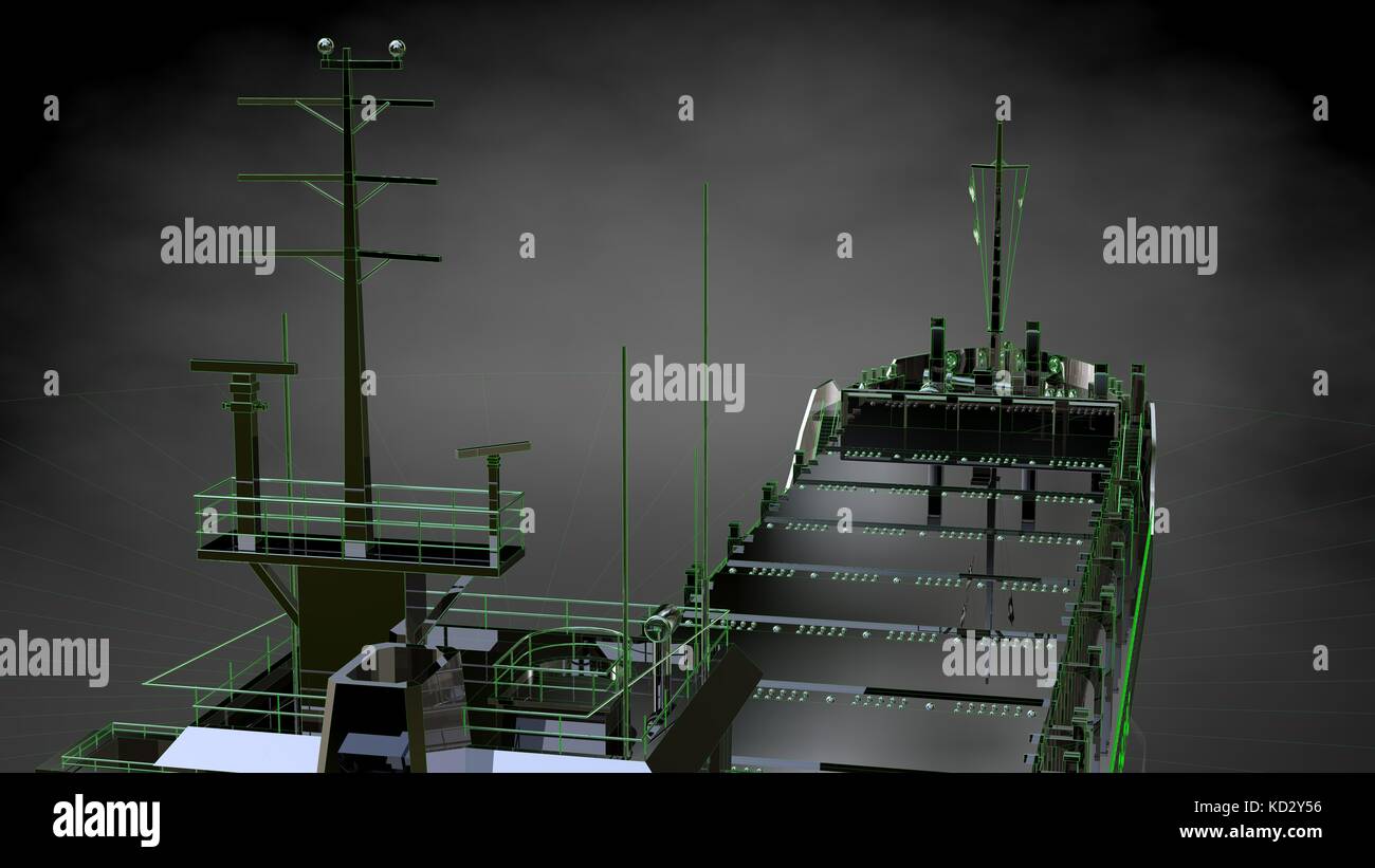 3d rendering of a reflective huge cargo ship with green outlined lines ...