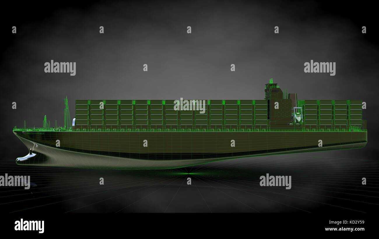 3d rendering of a reflective huge cargo ship with green outlined lines ...