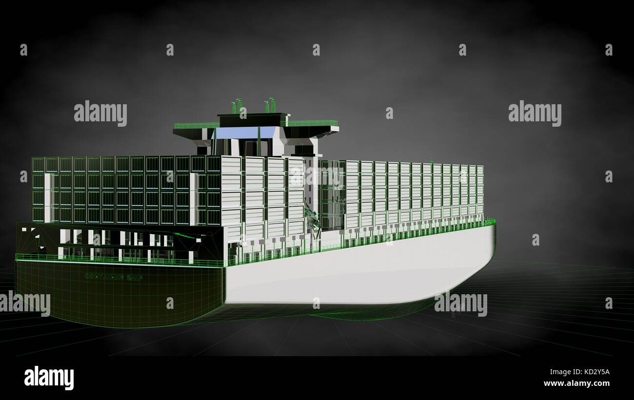 3d rendering of a reflective huge cargo ship with green outlined lines ...