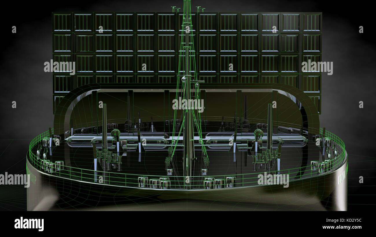 3d rendering of a reflective huge cargo ship with green outlined lines ...