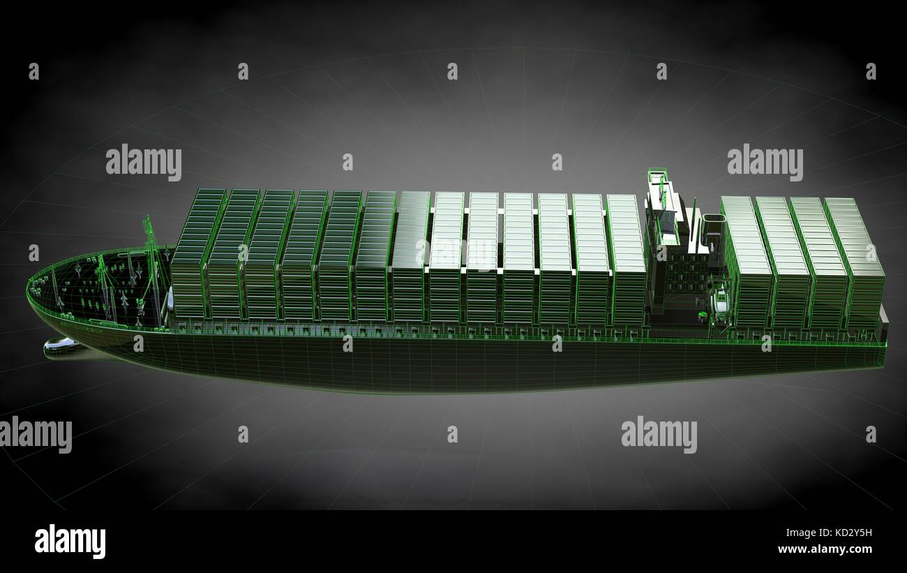 3d rendering of a reflective huge cargo ship with green outlined lines ...