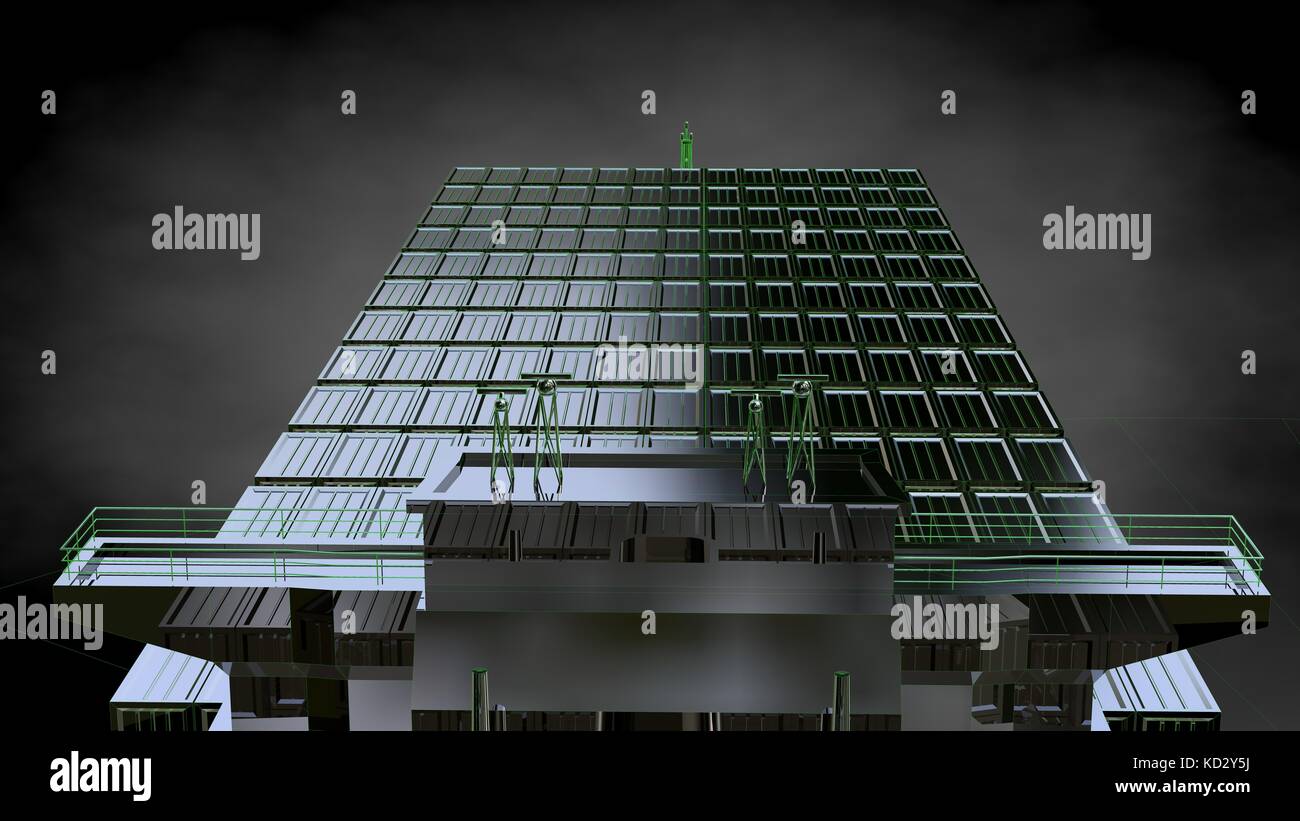 3d rendering of a reflective huge cargo ship with green outlined lines ...