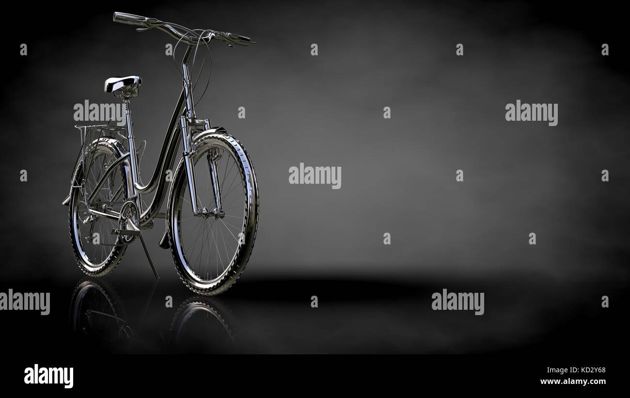 3d rendering of a metalic reflective bike on a dark background Stock ...