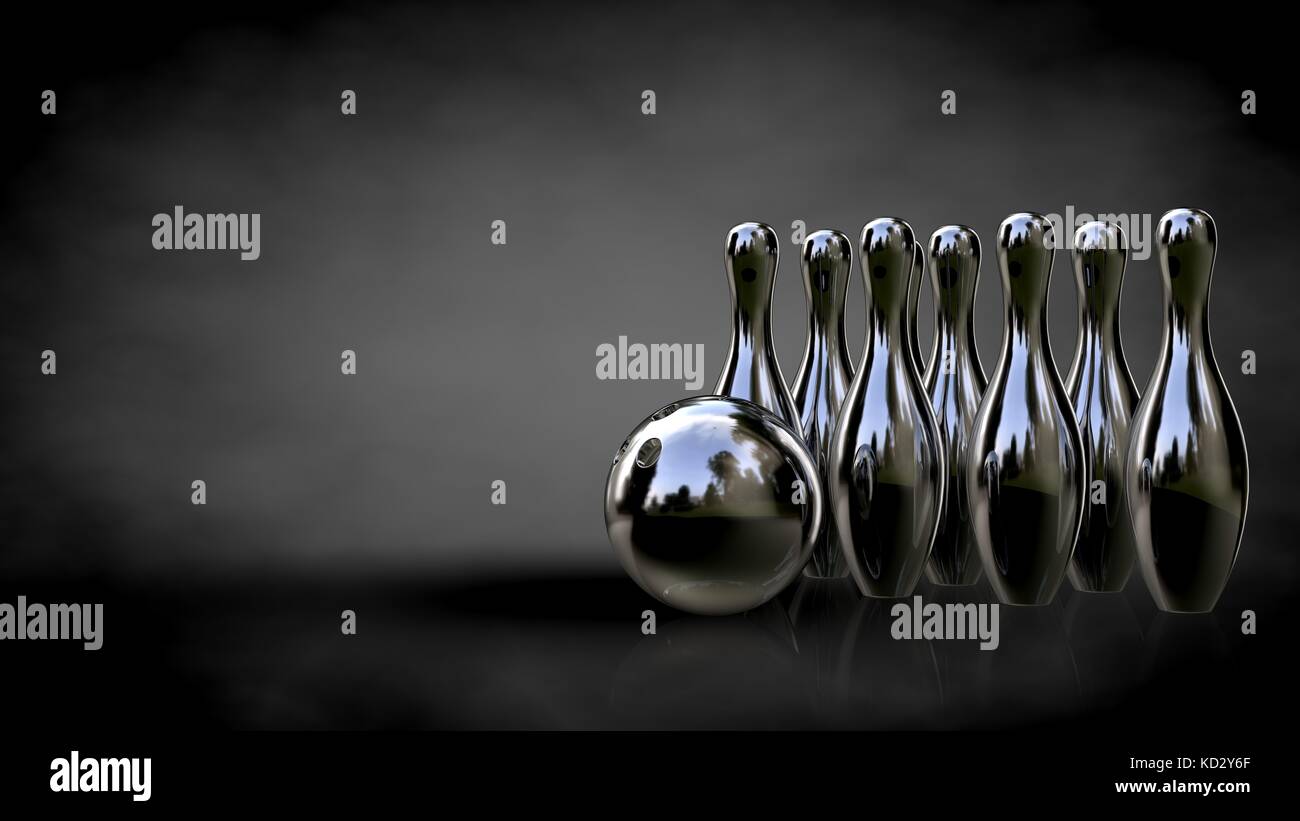 3d rendering of a metalic reflective bowling set on a dark background ...