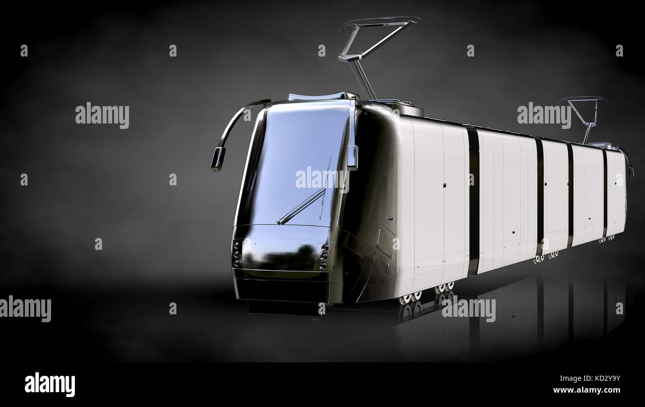 3d rendering of a metalic reflective train on a dark background Stock ...