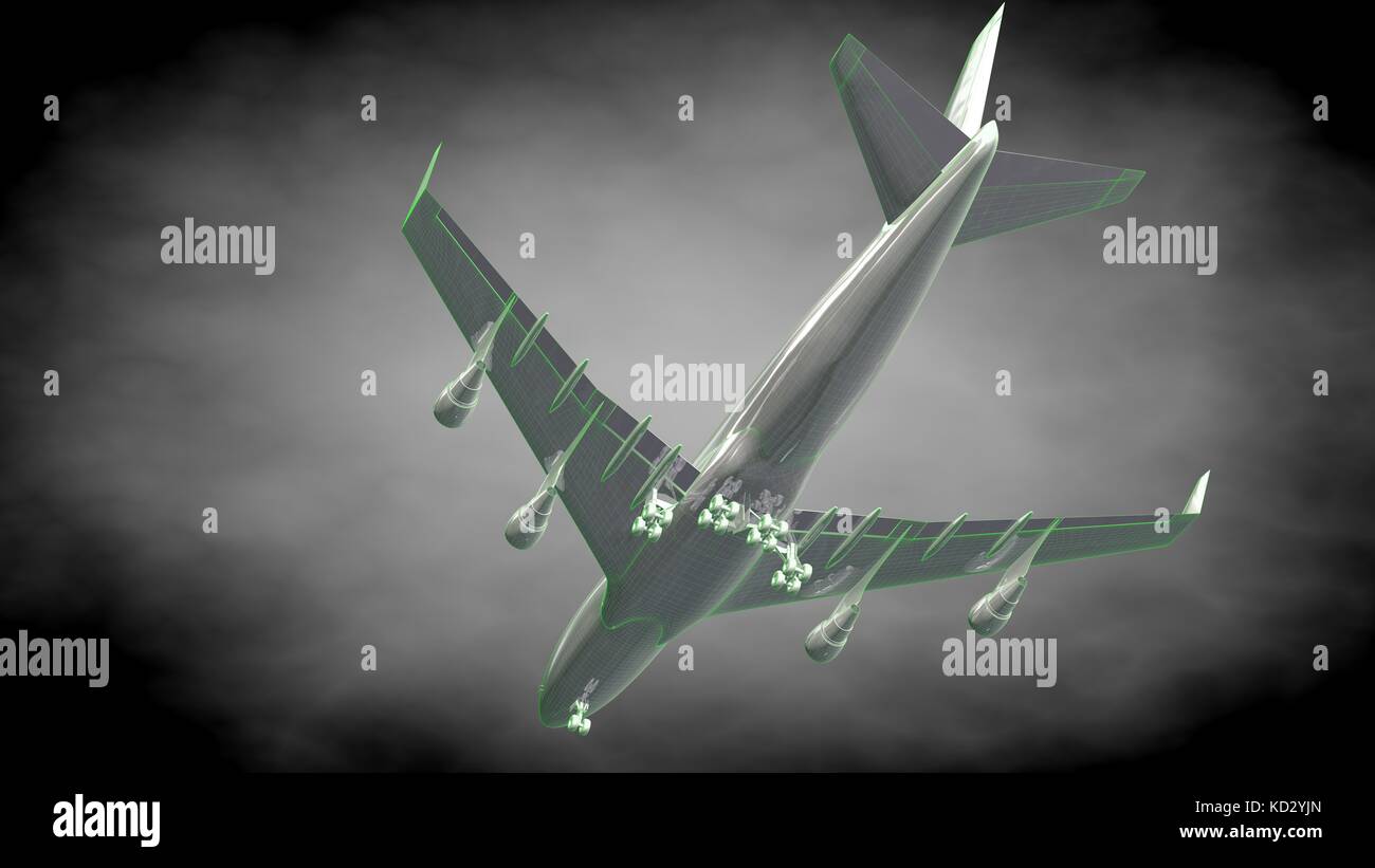 3d rendering of a reflective airplane with green outlined lines as ...