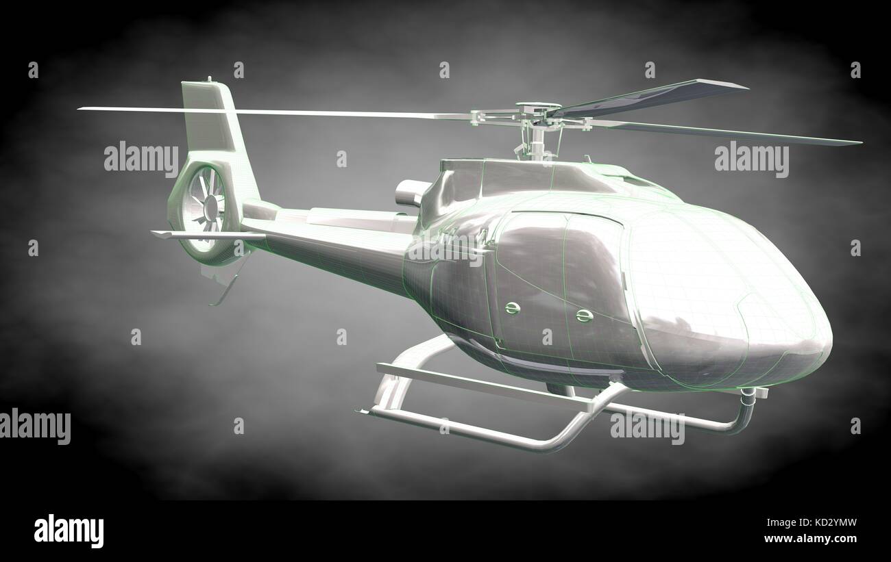 3d rendering of a reflective helicopter with green outlined lines as ...