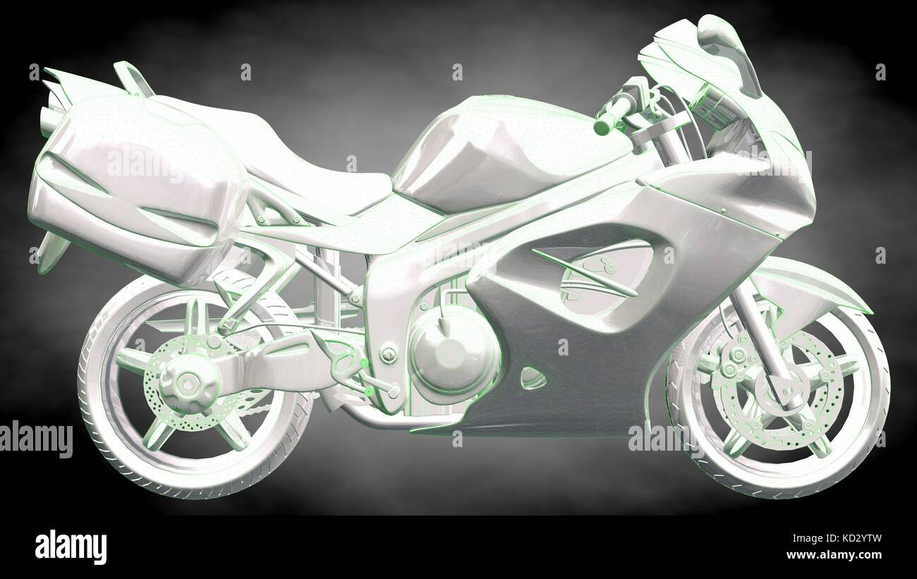 3d rendering of a reflective motor with green outlined lines as ...