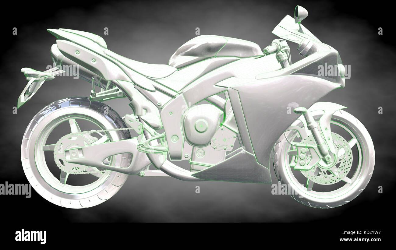3d rendering of a reflective motor with green outlined lines as ...