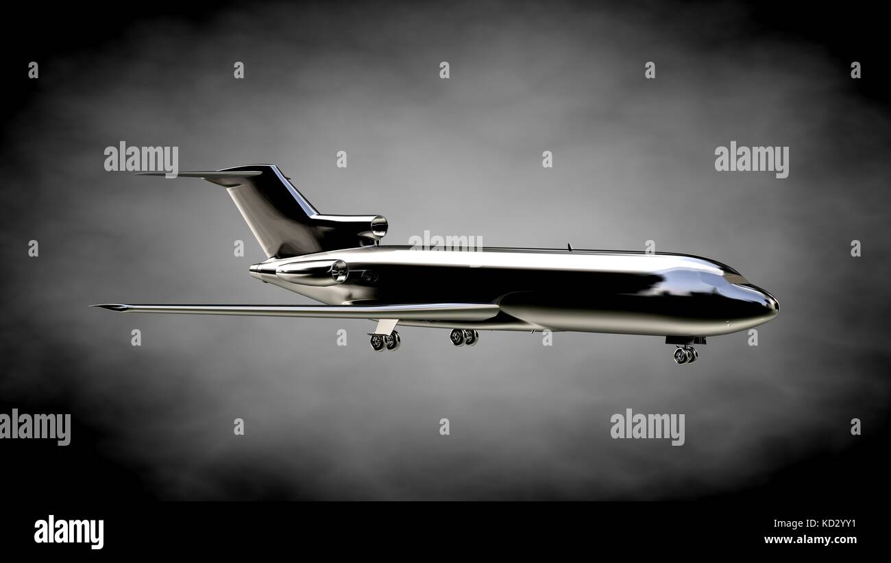 3d rendering of a metalic reflective airplane on a dark background ...