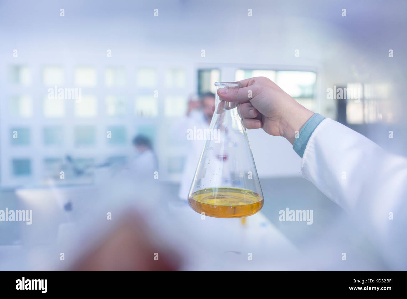 Laboratory worker holding glass beaker, containing yellow liquid Stock ...