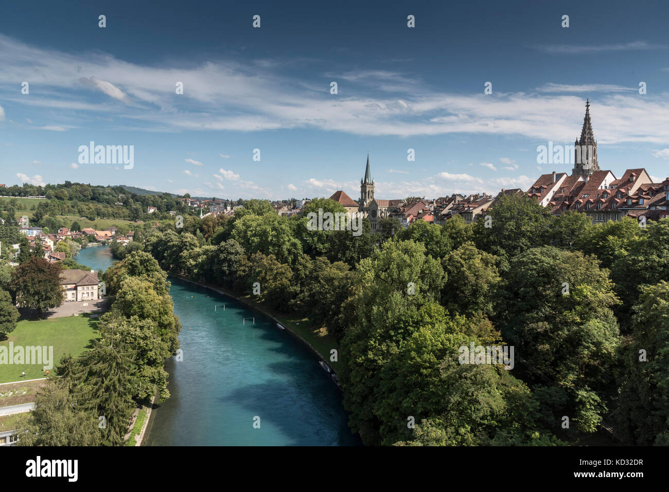 Elevated view of tree lined Aare river, Bern, Switzerland, Europe Stock ...