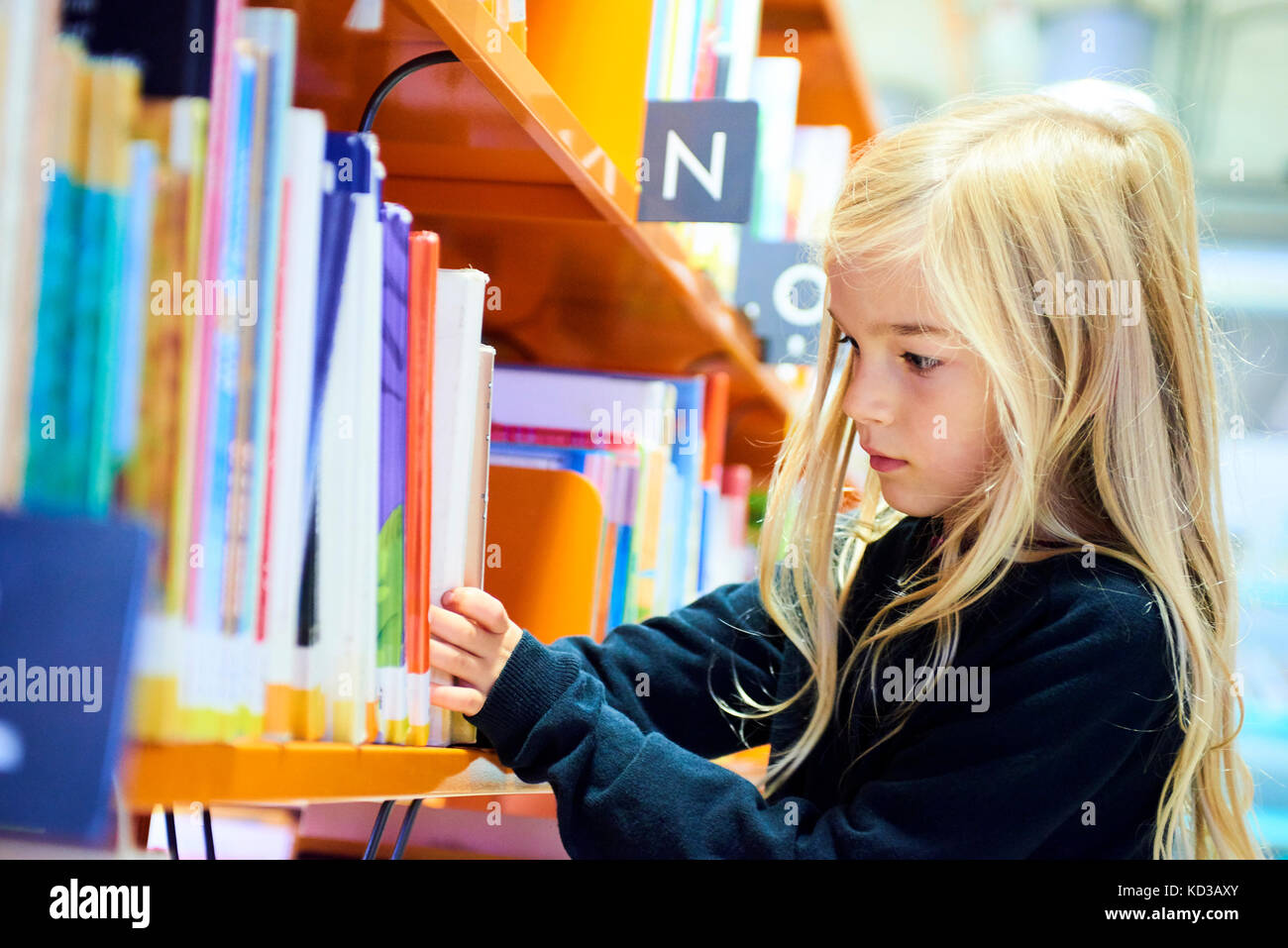 Child girl in public library with books Stock Photo - Alamy