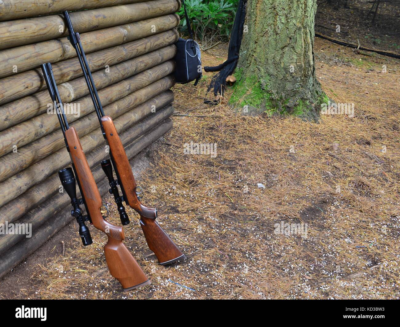 Hunting rifles by a log wall in the UK Stock Photo - Alamy