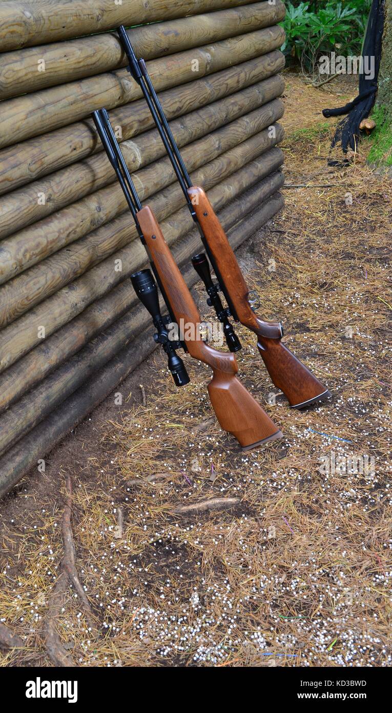 Hunting rifles by a log wall in the UK Stock Photo - Alamy