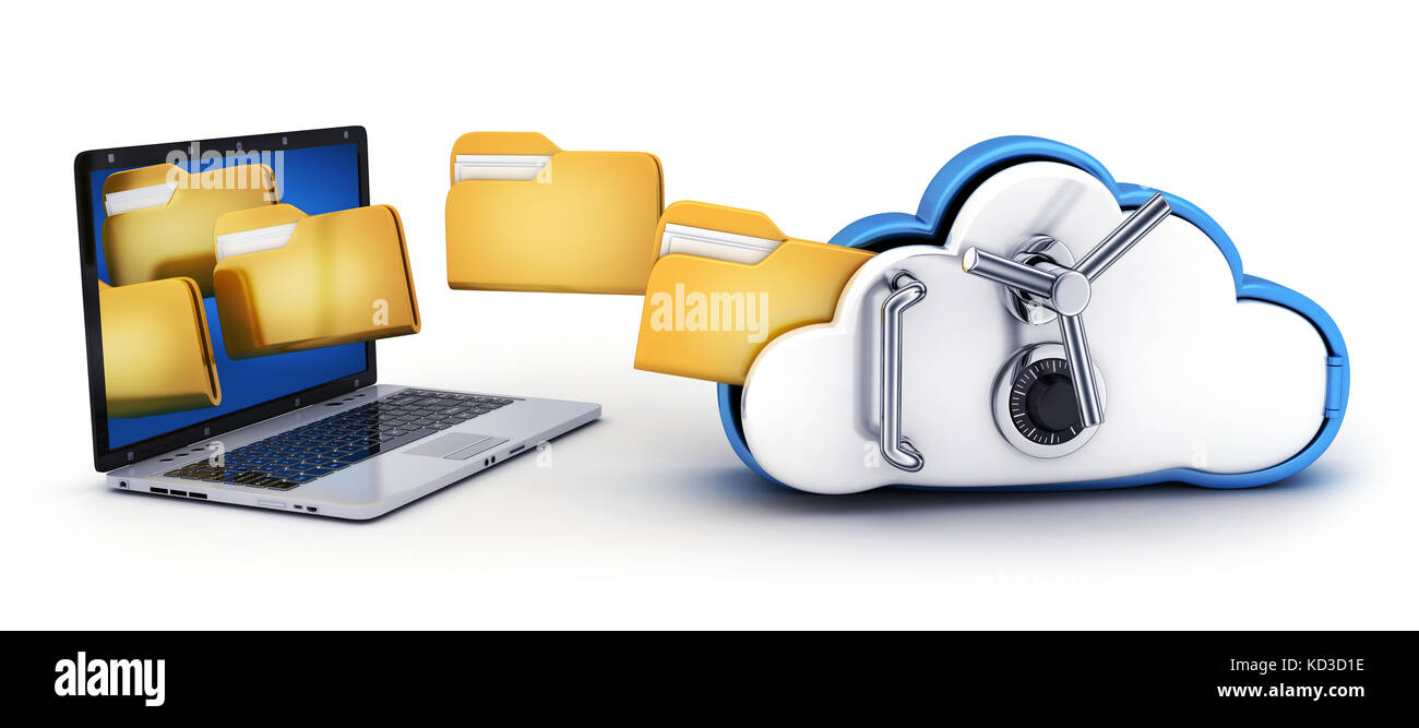 laptop and Symbol cloud storage protect on white background. 3d ...