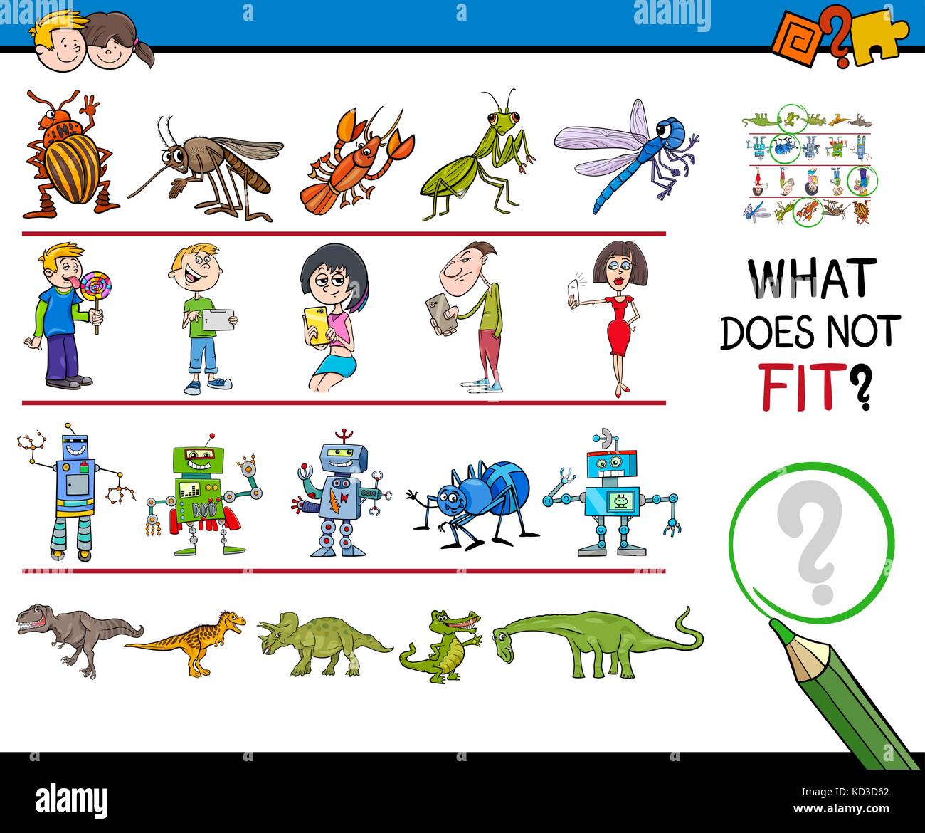 Cartoon Illustration of Finding Picture that does not Fit with the Rest ...