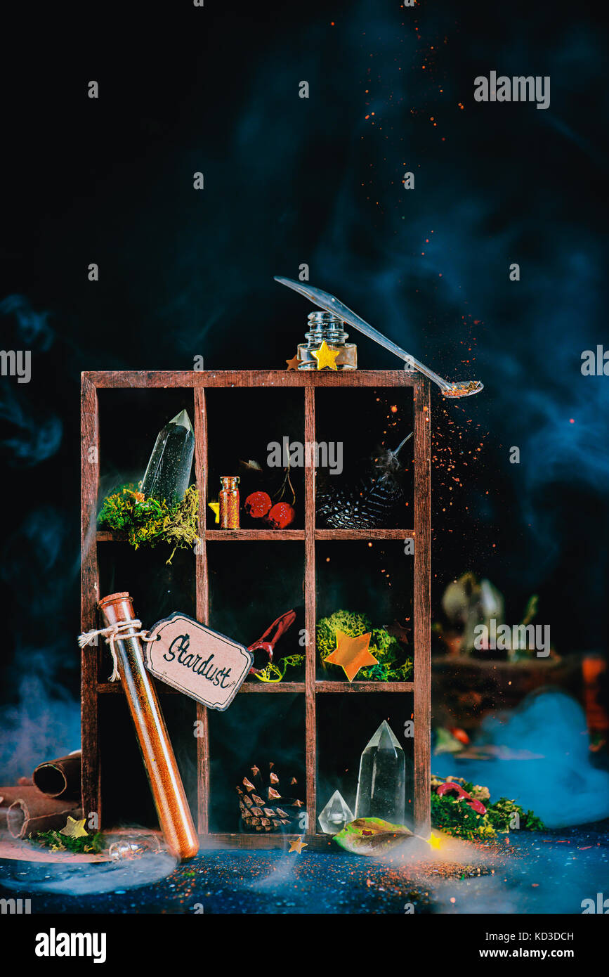 Mystic still life with a wooden case with magical items and potion ...