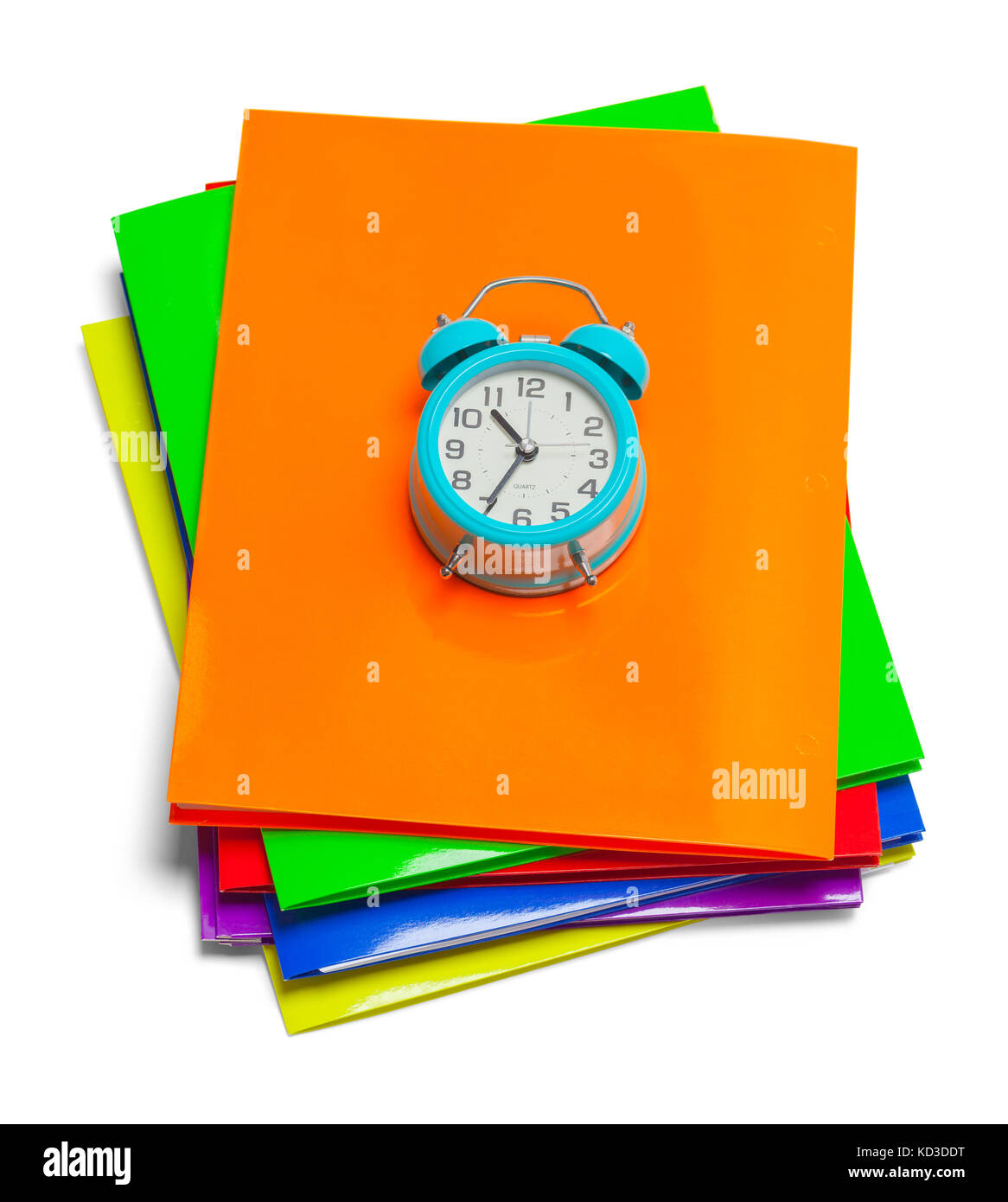 File Folders Stacked with Alarm Clock Isolated on White Background ...