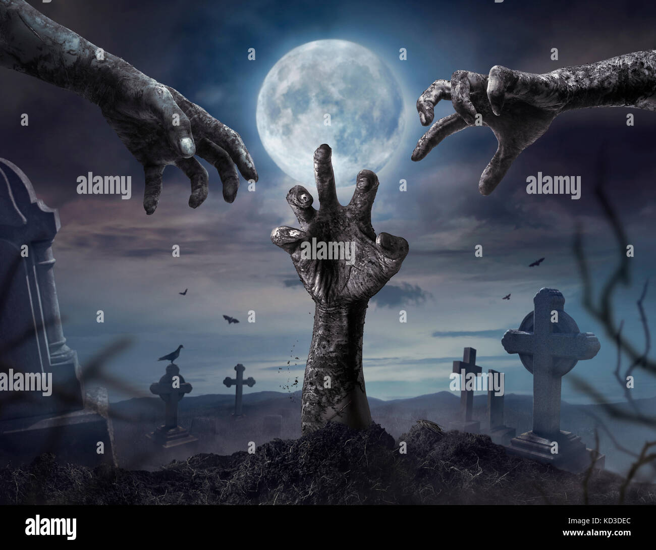 Zombie hands rising in dark Halloween night Stock Photo - Alamy