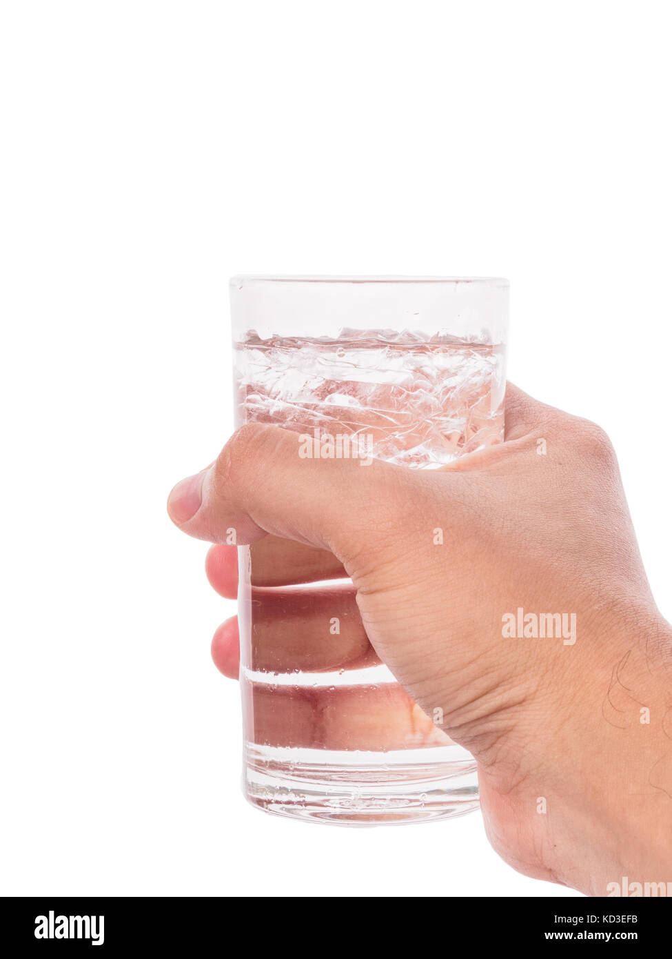 male hand holding cold water with ice in glass isolated on white ...